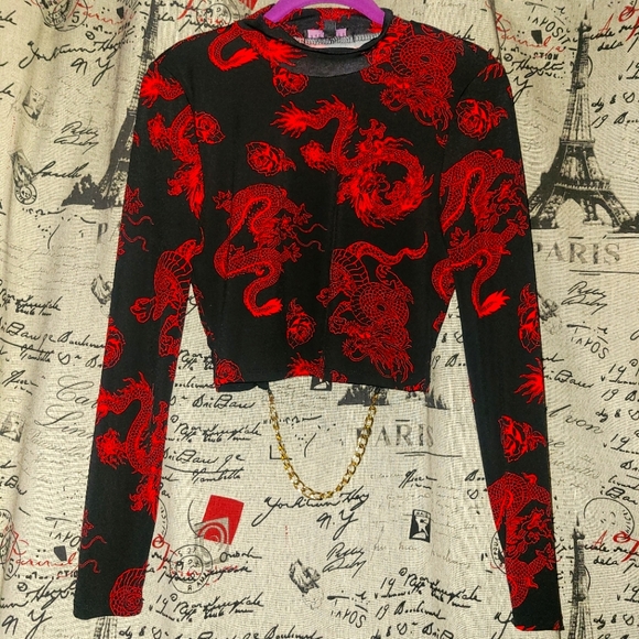 Tops | Dragon Print Crop Top Wgold Chain On Back | Poshmark